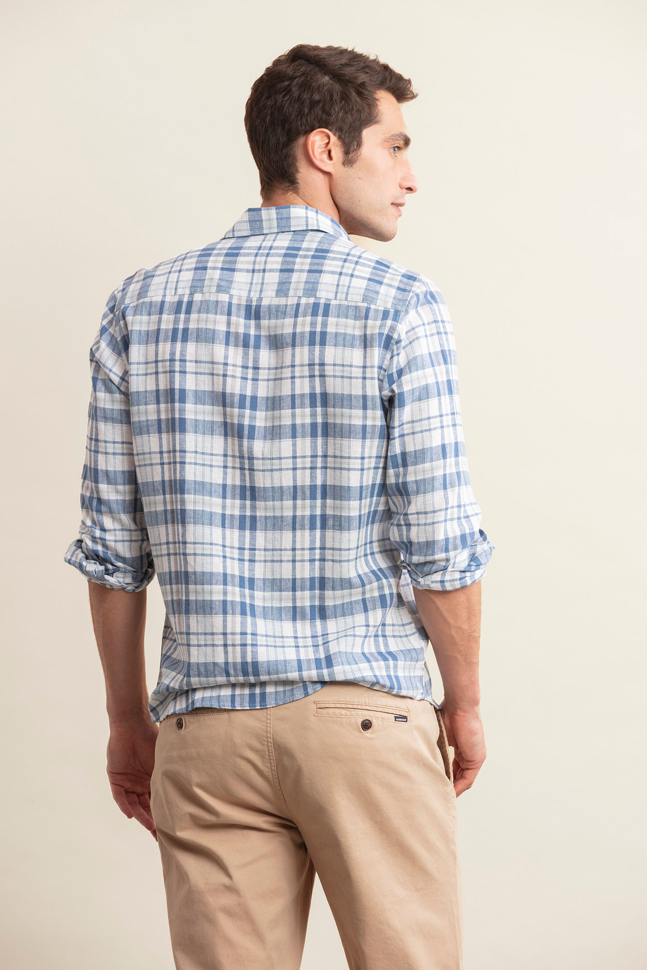 COTTON LINEN SHIRT WITH SQUARES - Quebramar